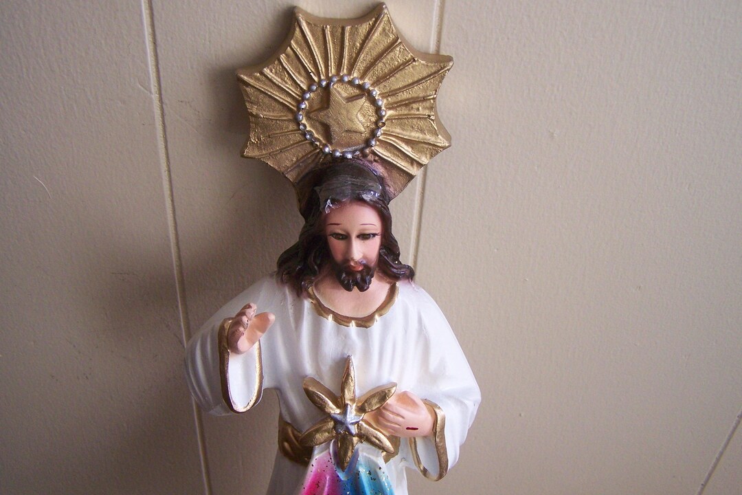 Glass Eyes! Vintage Jesus Divine Mercy 14.5" Resin Altarpiece Statue ...