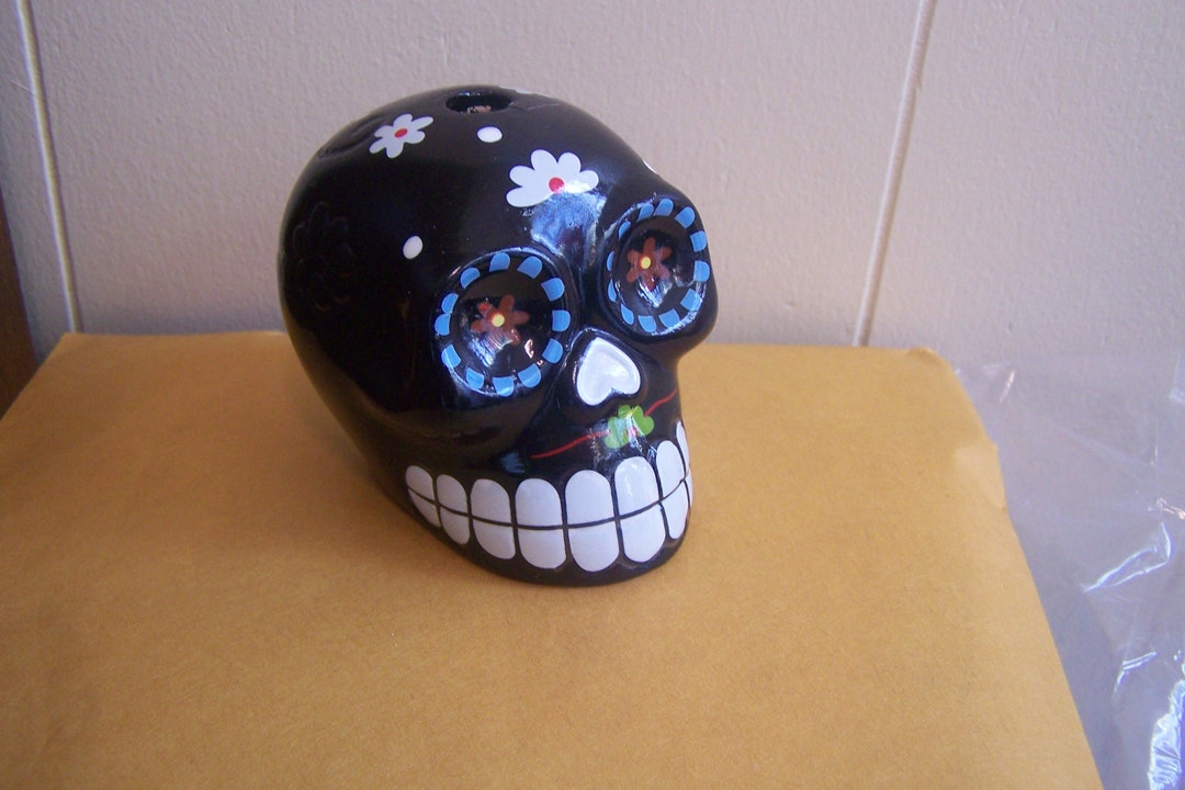 Day of the Dead Clay Altar Skull Candleholder - Black - Etsy