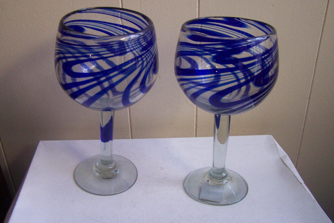 NOVICA 8" Tall 2 Handblown Glass Tlaquepaque Goblets Wine Glasses Pair ...