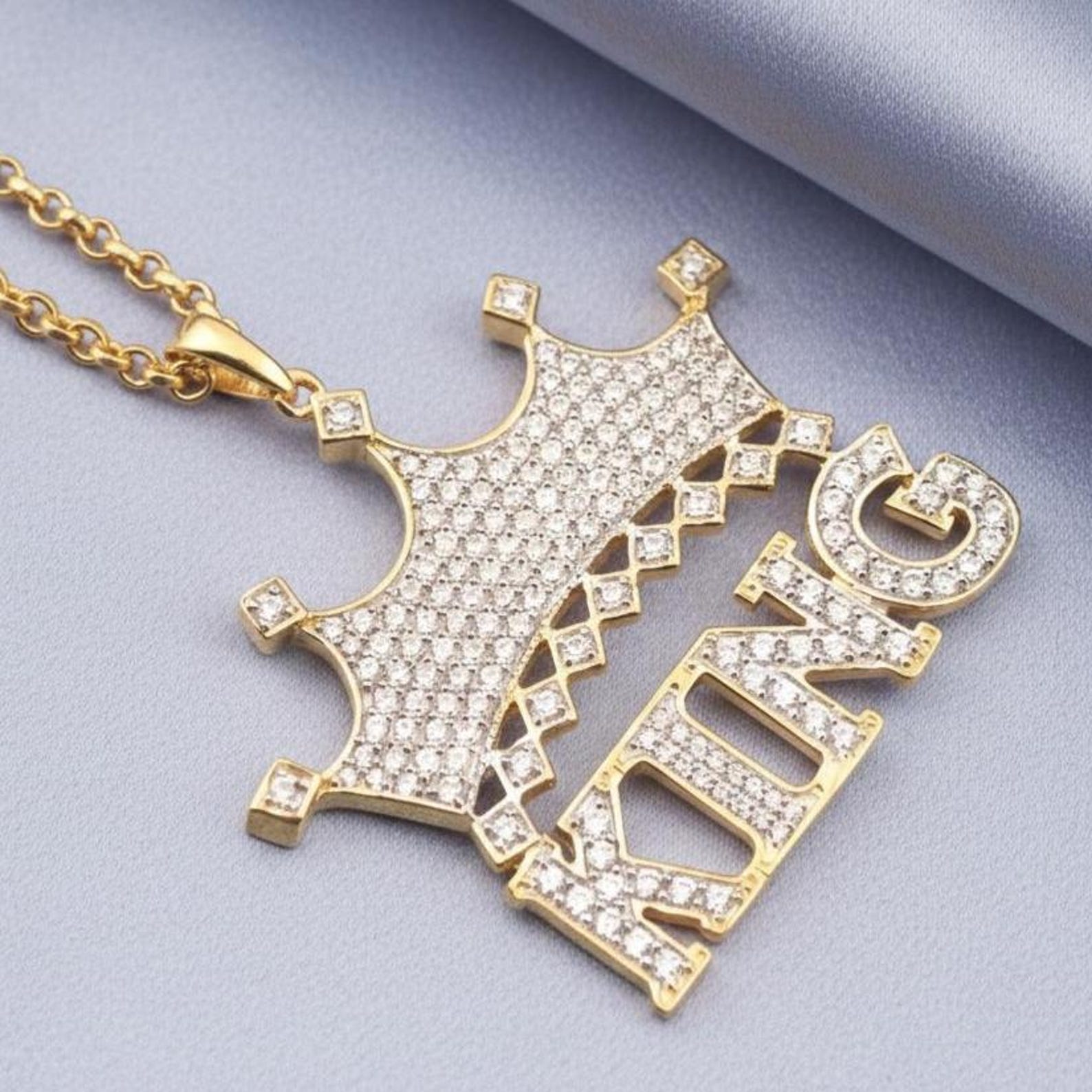 Iced Out King Crown Pendant Necklace 14k Gold Plated Silver Handmade ...