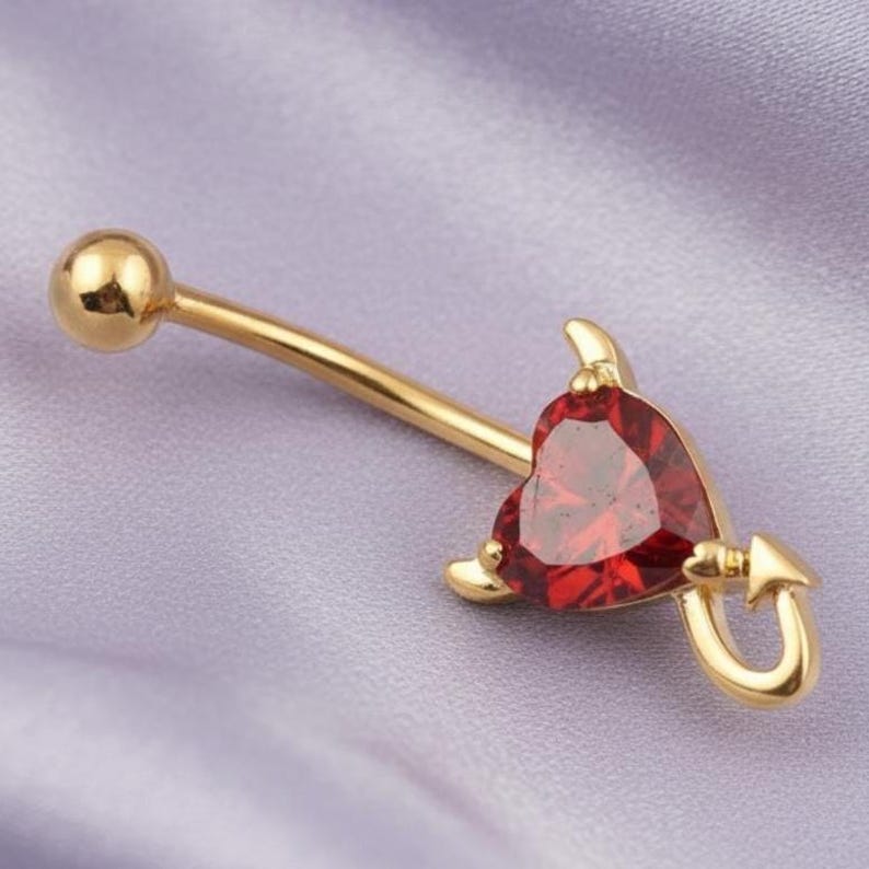 Devil Ruby Heart Belly Button Ring 14k Gold Plated Barbell Handmade ...