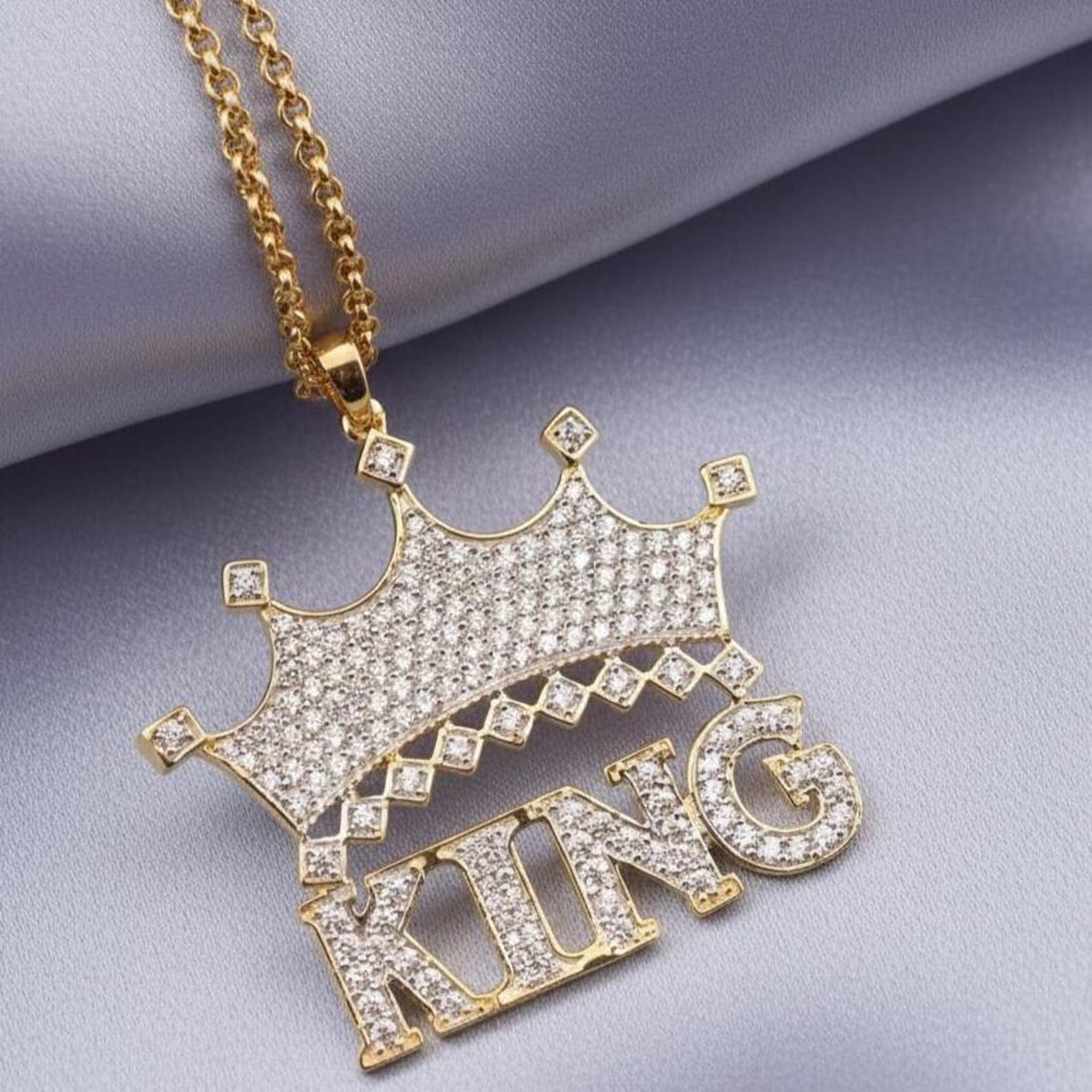 Iced Out King Crown Pendant Necklace 14k Gold Plated Silver Handmade ...