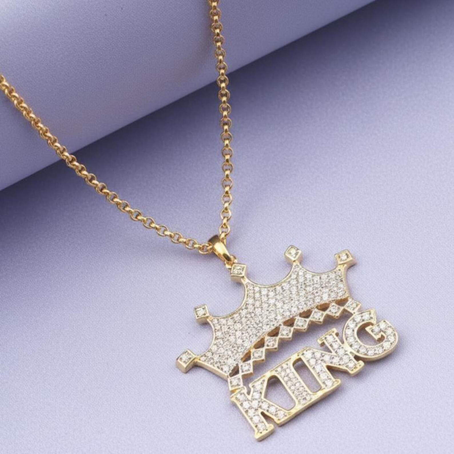 Iced Out King Crown Pendant Necklace 14k Gold Plated Silver Handmade ...