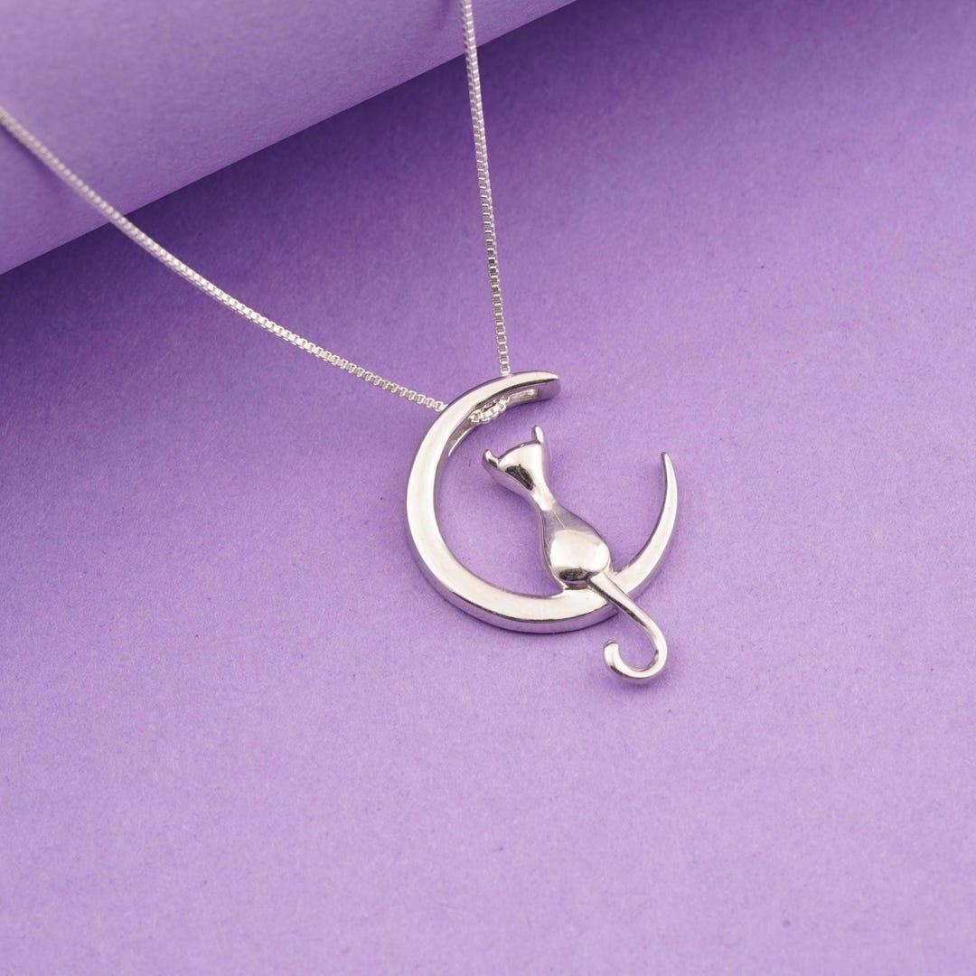 Sterling Silver Moon Cat Pendant, Celestial Necklace - Etsy