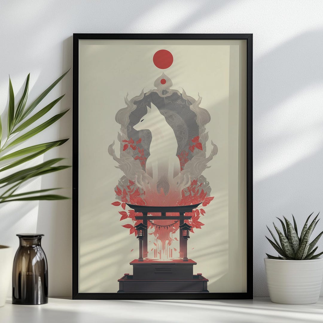 Inari Okami Japanese Fox Wall Art, Abstract Shinto Deity Print for Luck ...