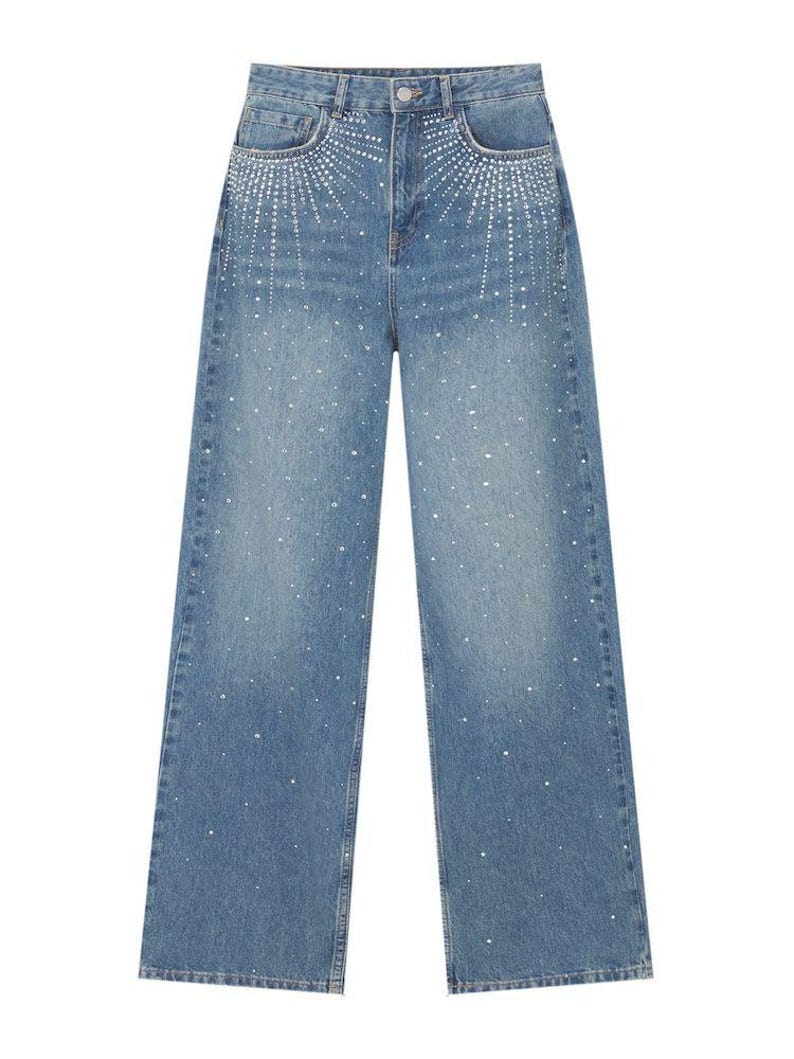 Blue Rhinestone Wide-leg Jeans – Sparkly Crystal Studded Denim Pants ...
