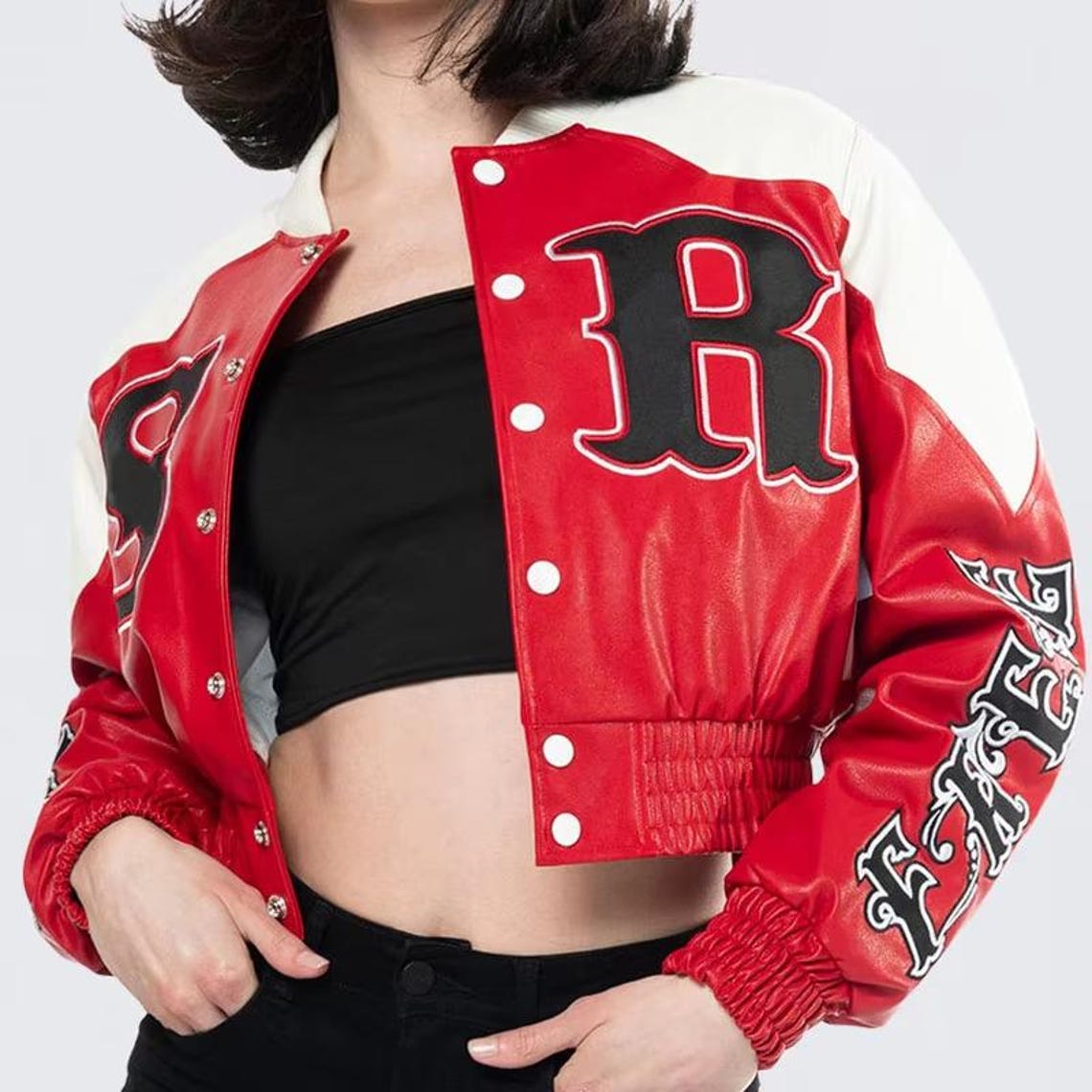 Red Cropped Varsity Jacket Women – Sheepskin Leather Streetwear Bomber ...