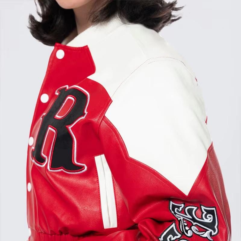 Red Cropped Varsity Jacket Women – Sheepskin Leather Streetwear Bomber ...