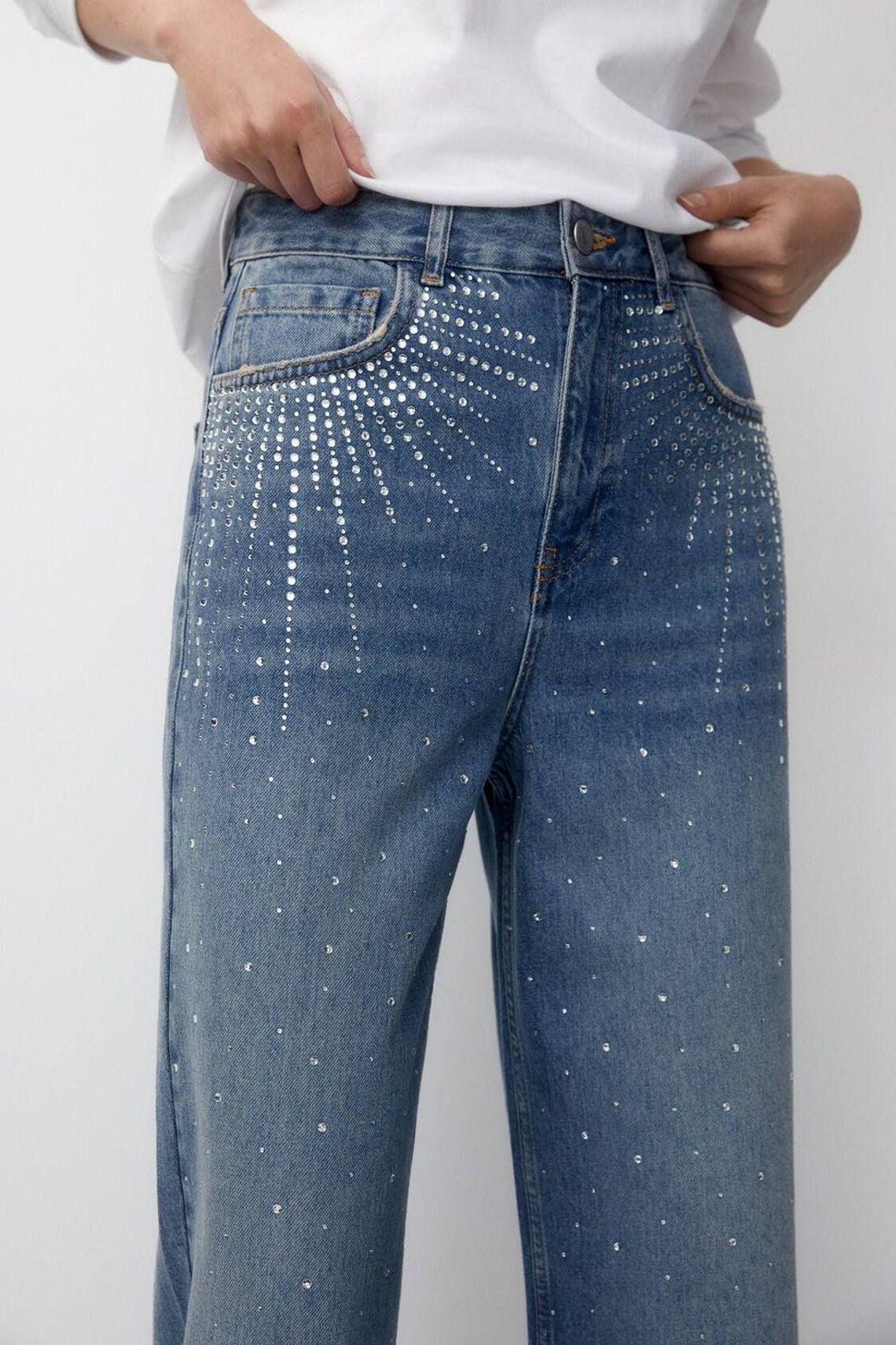 Blue Rhinestone Wide-leg Jeans – Sparkly Crystal Studded Denim Pants ...
