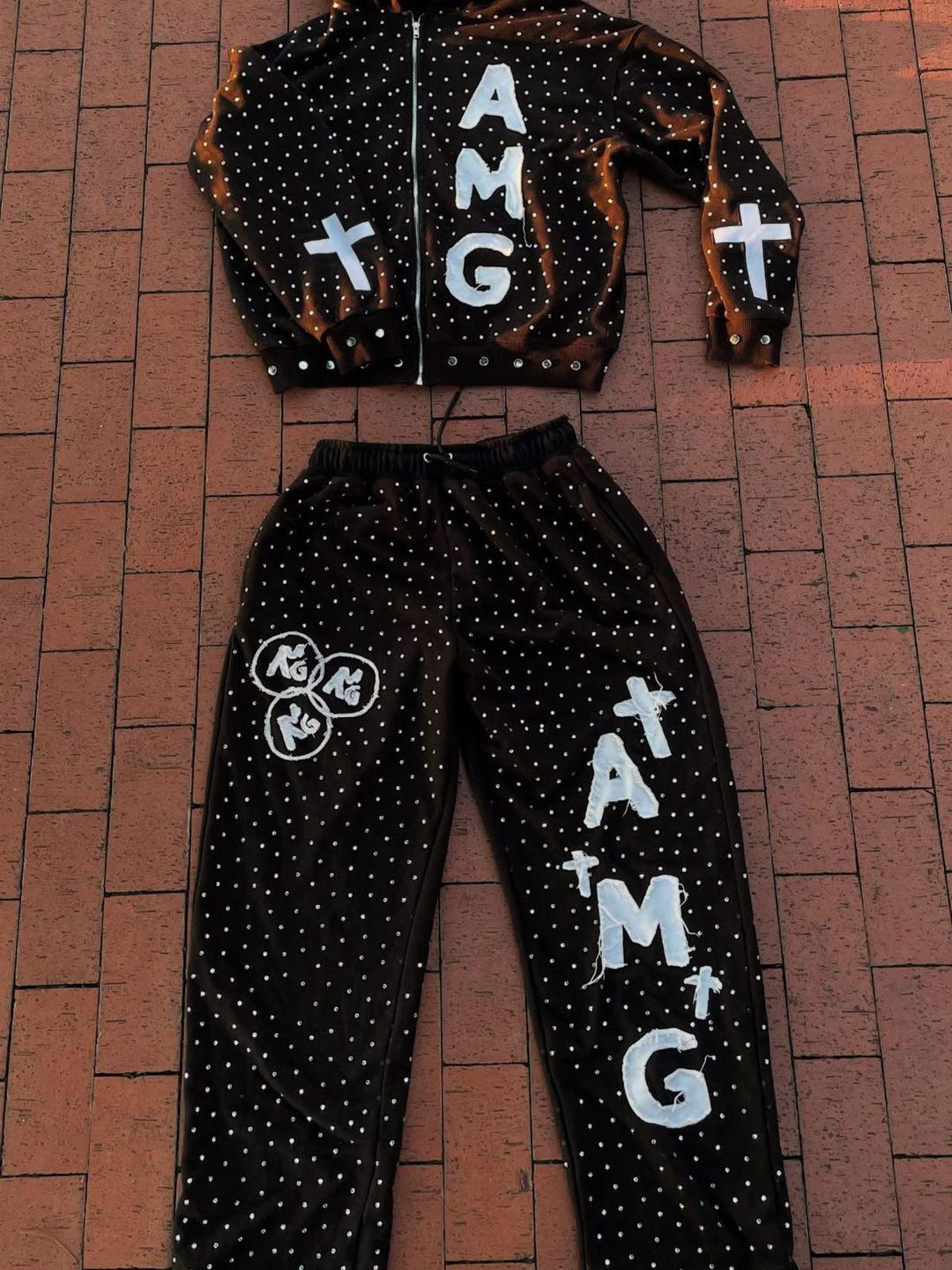 Custom " Black Studded Tracksuit | Streetwear Set | Rhinestone Hoodie ...