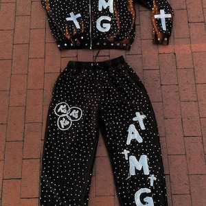 Custom " Black Studded Tracksuit | Streetwear Set | Rhinestone Hoodie ...