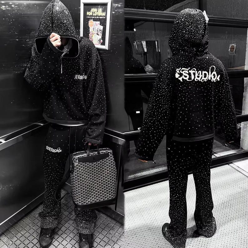 Studio Rhinestone Set – Black Glitter Tracksuit"by Fitloyal - Etsy