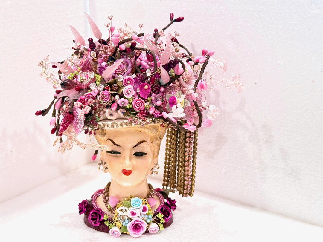 ARIA: 1940's SONSCO Japan Pink Lady Head Vase W/>1,200 Handmade BOUQUET ...