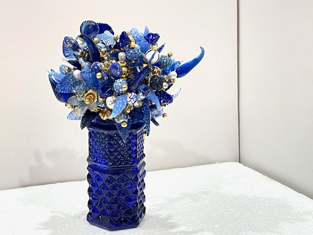 Terrific Vtg. Cobalt Blue Cut Glass Vase W/>40 Handmade/hand Torched ...