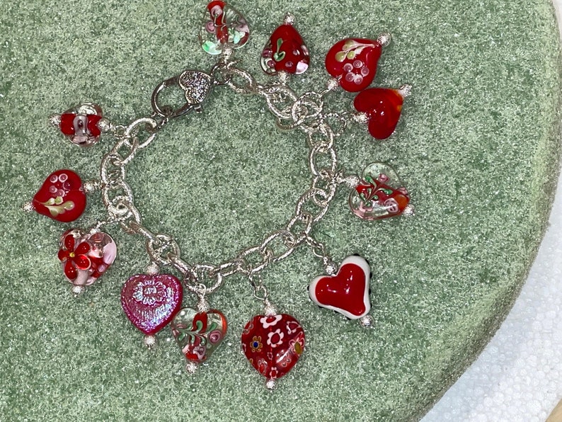 7 3/4 Long RED HEART Charm Bracelet: 12 Millefiore Lamp | Etsy