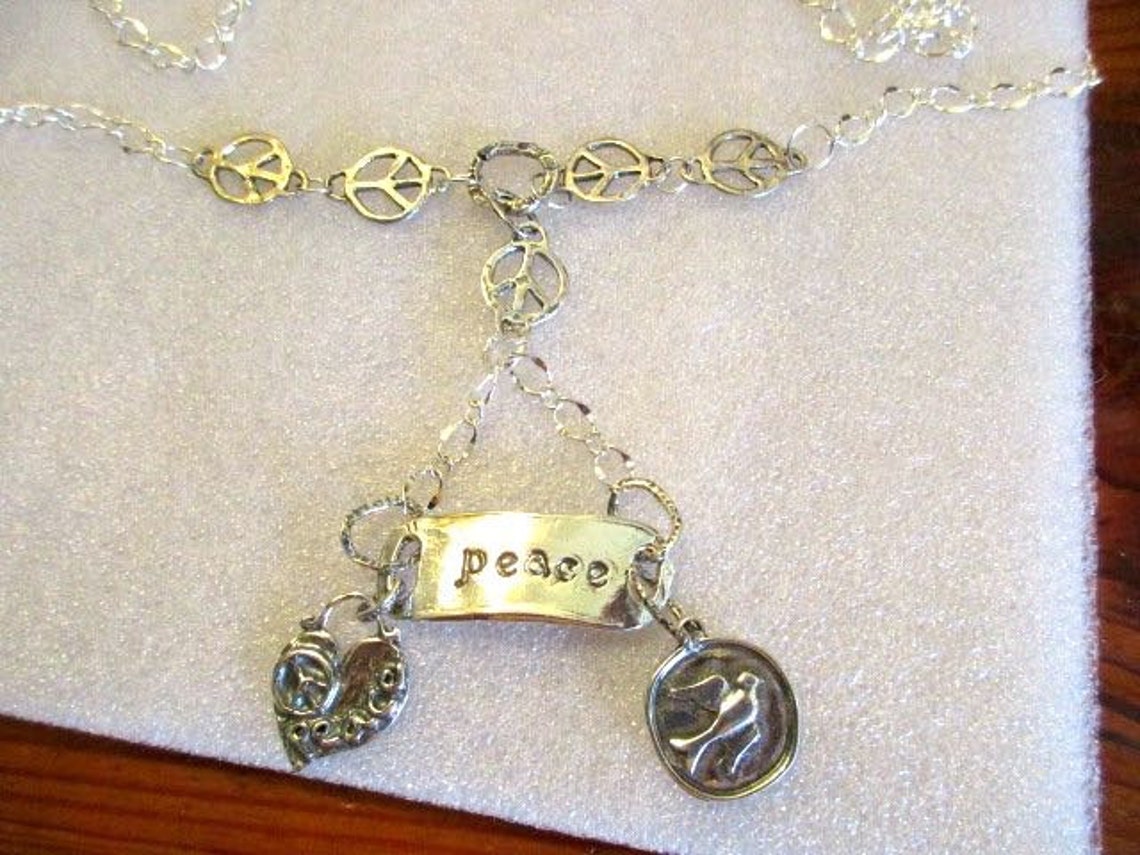 STERLING Silver, Artisan, Peace Foci Pendant W/2 Peace Sign CHARM ...