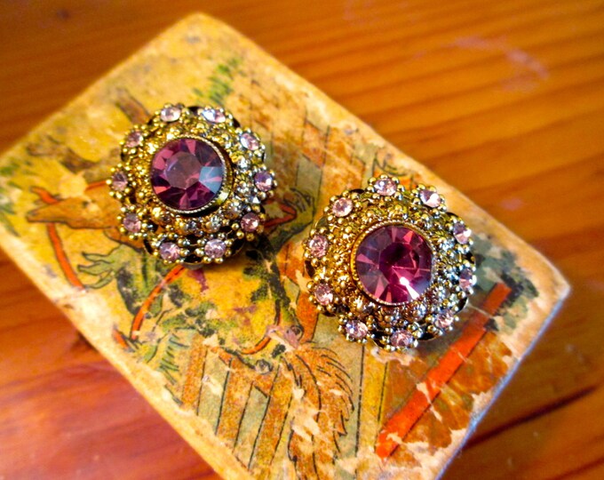 Exquisitely Detailed, Dainty Signed WEST GERMANY Faceted AMETHYST & Pink Rhinestone Domed ...