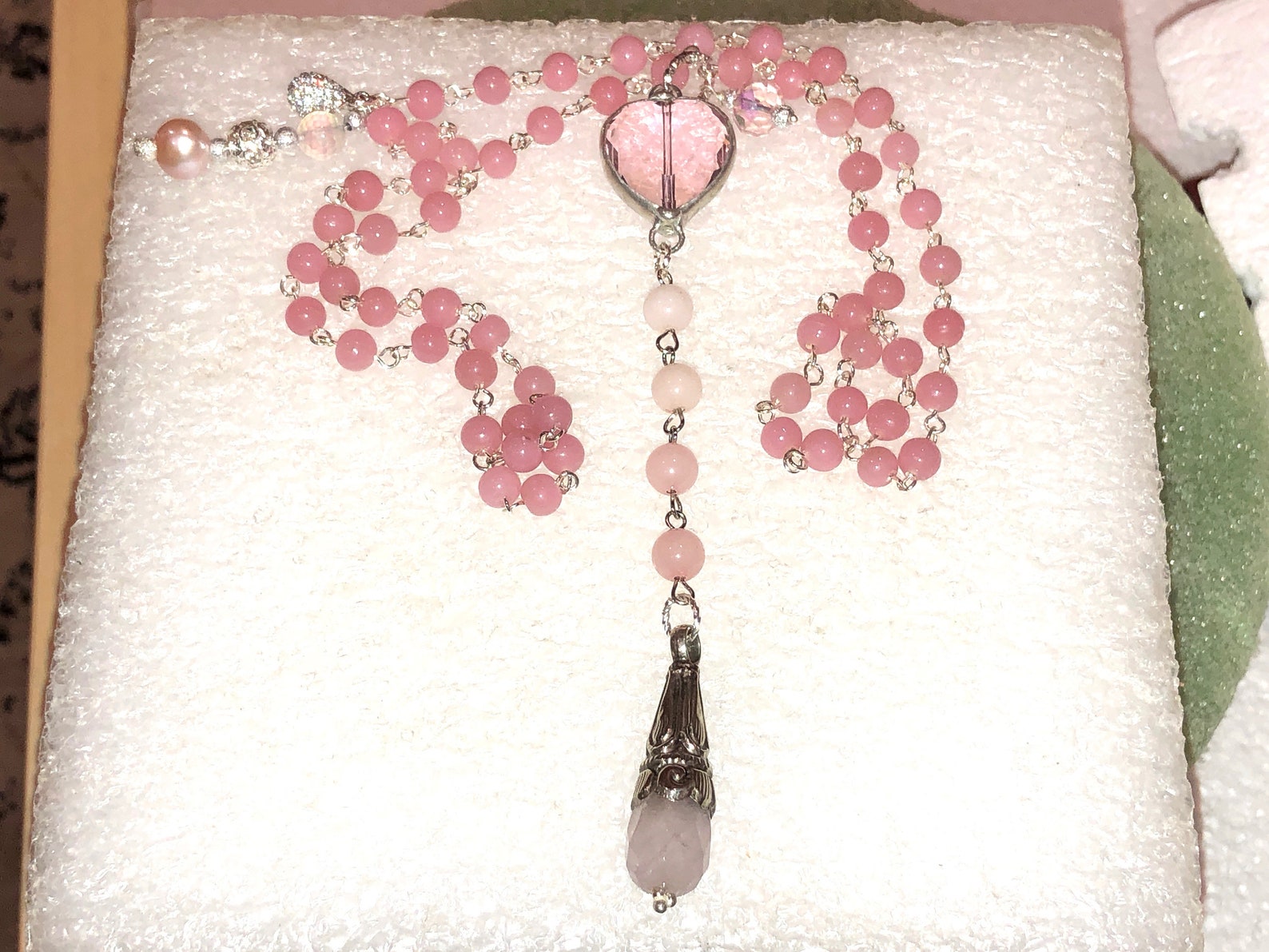 ROSE Quartz Rosary Chain Necklace W/hand Silver Soldered Pink Crystal ...