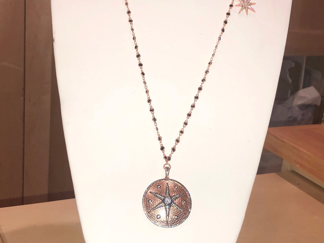 Fab Domed ROSE Gold PENDANT W/black & Clear Micro Pave Cz STAR on Black ...