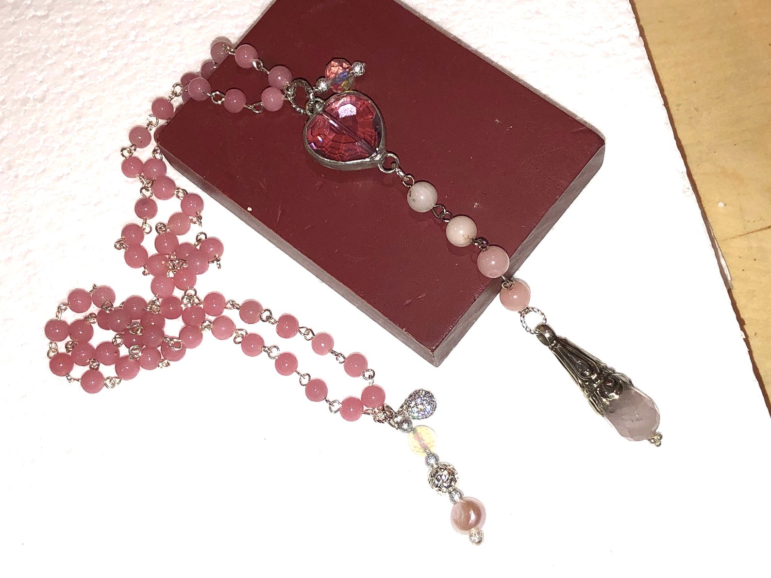 ROSE Quartz Rosary Chain Necklace W/hand Silver Soldered Pink Crystal ...