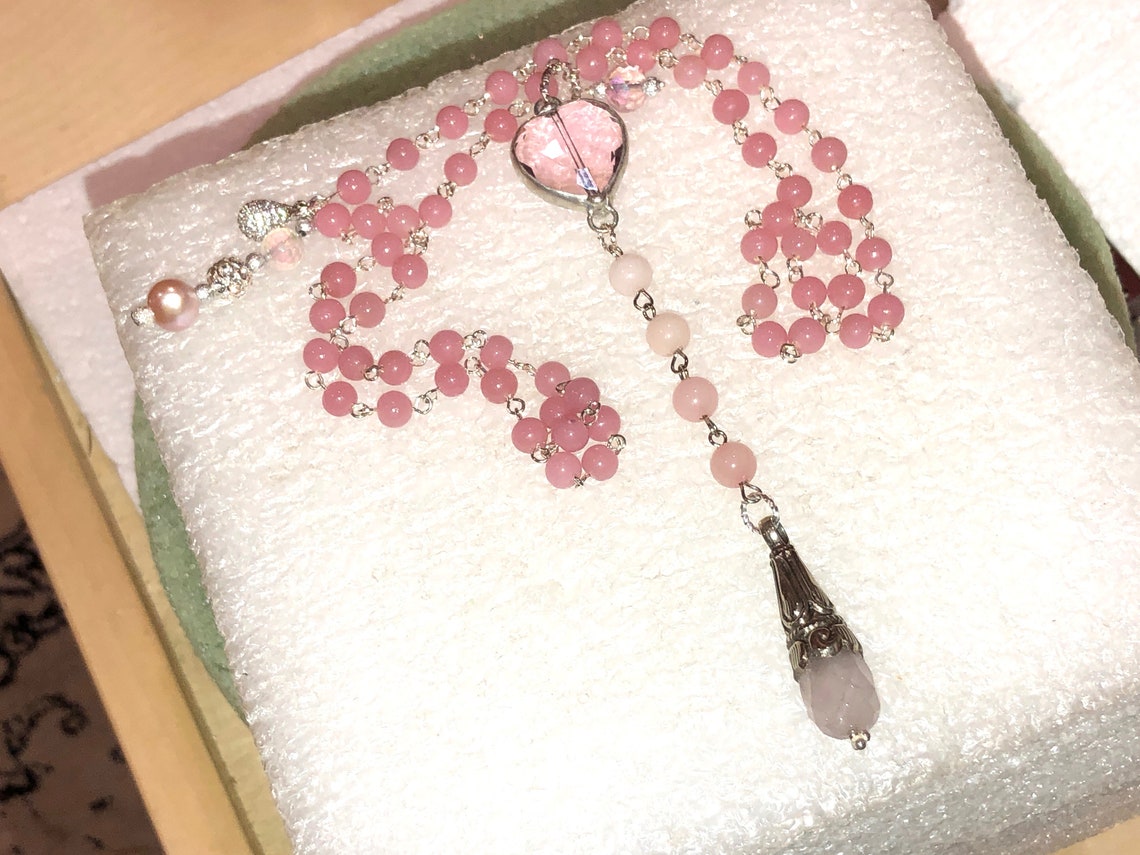 ROSE Quartz Rosary Chain Necklace W/hand Silver Soldered Pink Crystal ...