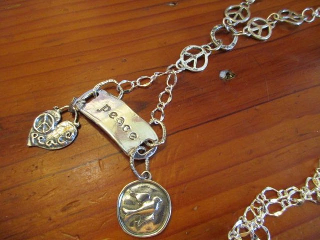 STERLING Silver, Artisan, Peace Foci Pendant W/2 Peace Sign CHARM ...