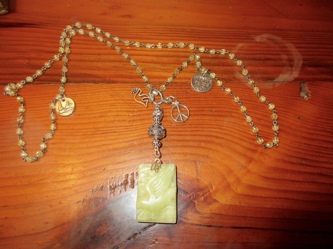 DOVE of Peace: Hand Carved Genuine Yellow JADE Cameo Dove Pendant on ...