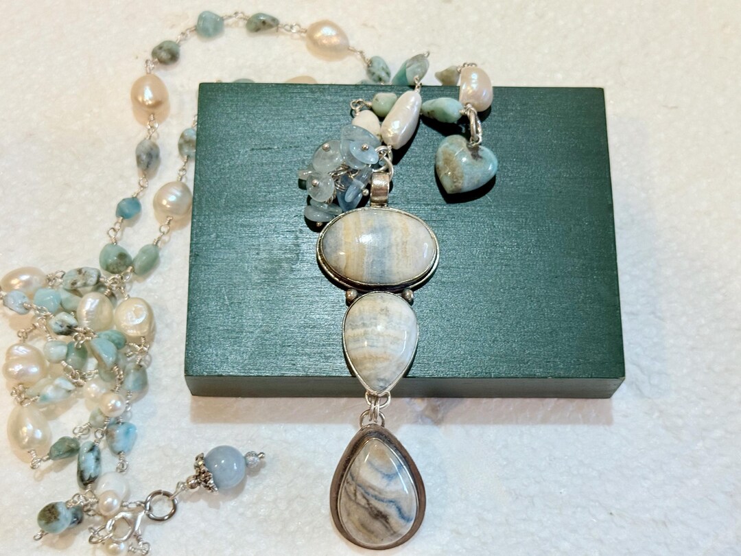 Genuine PEARL & LARIMAR Beaded Rosary Chain Necklace W/large Triple ...
