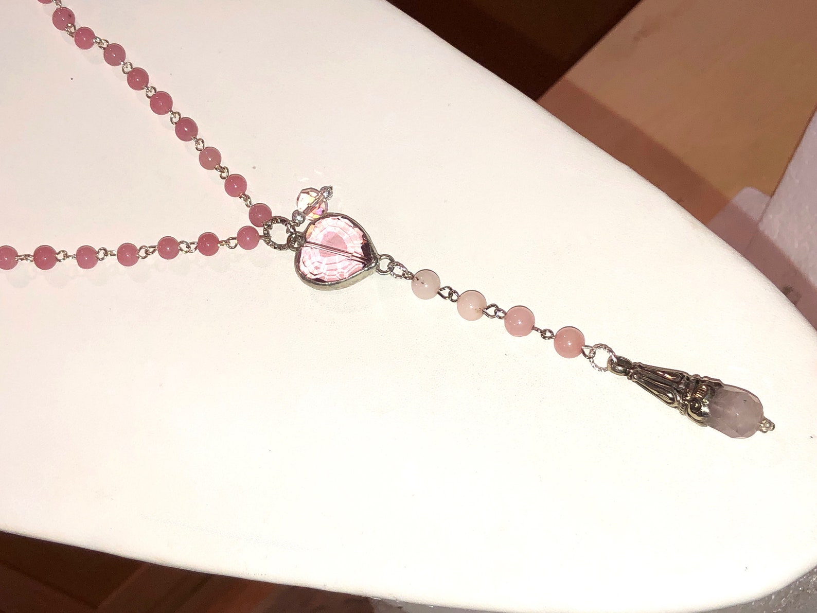 ROSE Quartz Rosary Chain Necklace W/hand Silver Soldered Pink Crystal ...