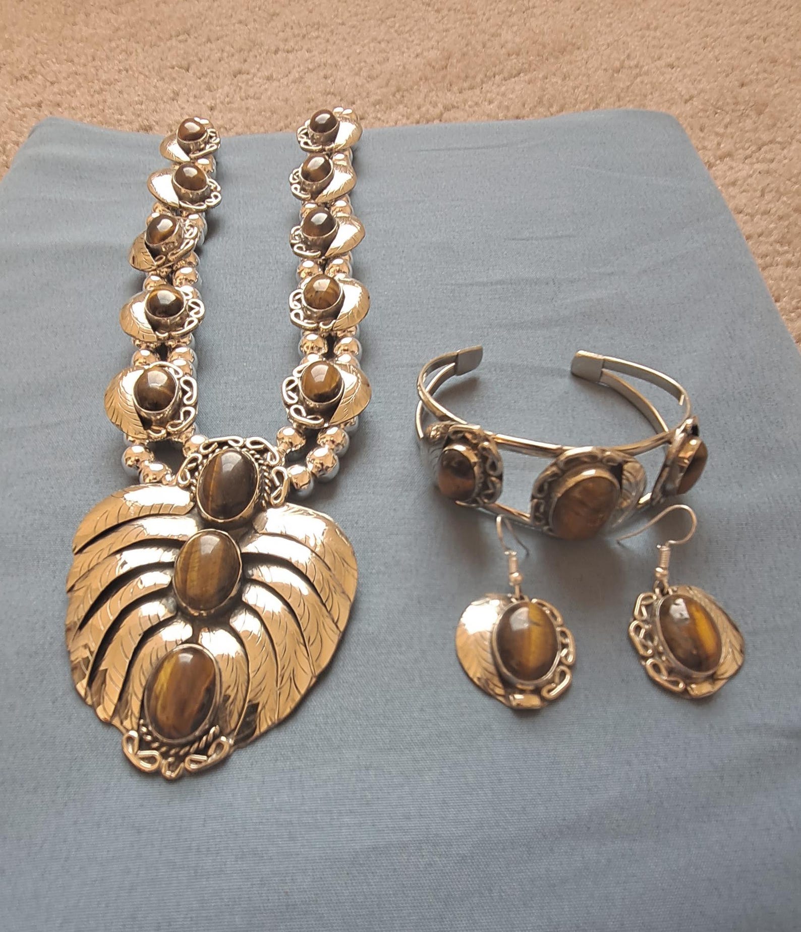 LARGE Tiger's Eye Silver Squash Blossom Necklace /w Bracelet and ...