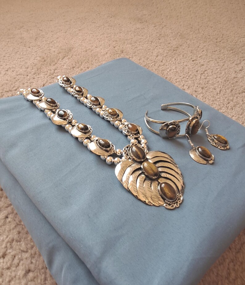 LARGE Tiger's Eye Silver Squash Blossom Necklace /w Bracelet and ...