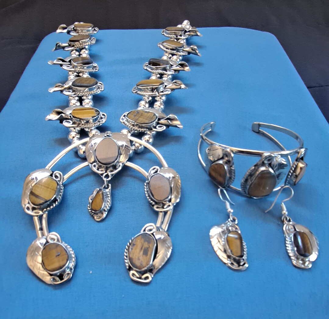 HUGE Tiger's Eye Silver Squash Blossom Necklace /w Bracelet and ...