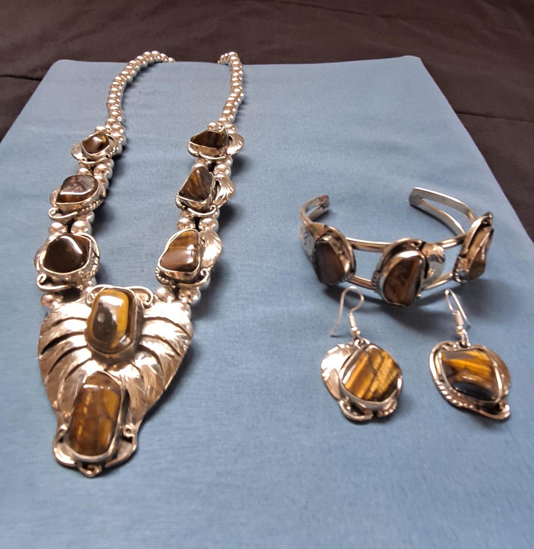 LARGE Tiger's Eye Silver Squash Blossom Necklace /w Bracelet and ...