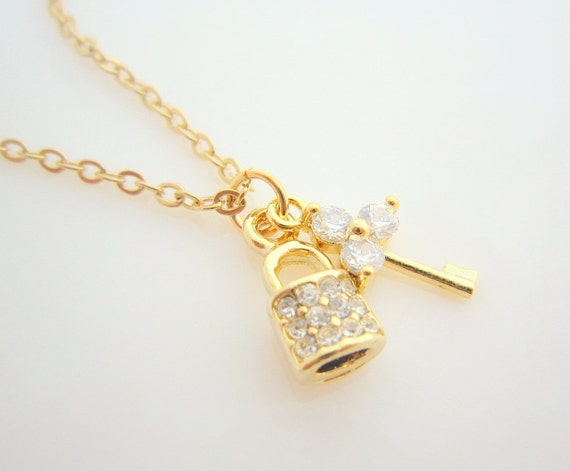 Items similar to Key Lock Necklace - Diamonds Rhinestones Gold Charm ...