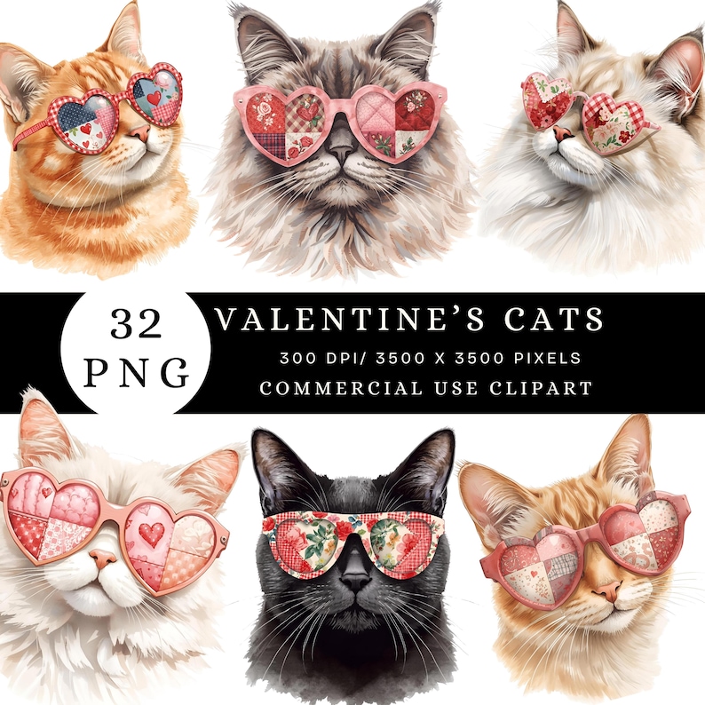 Valentines Cat Clipart PNG, Watercolor Cats Clipart, Valentines Pet ...