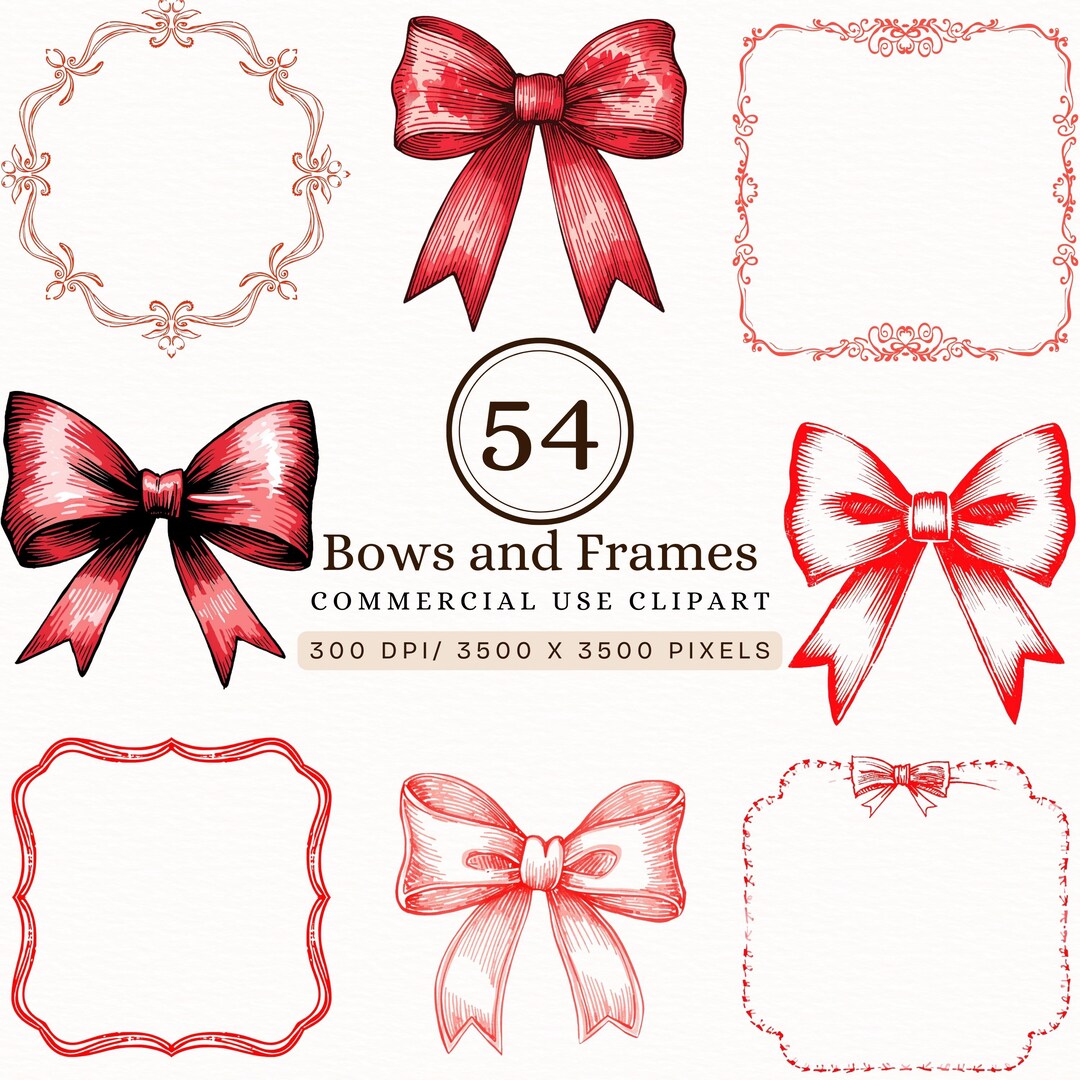 Valentines Bows & Frames Clipart, Hand Drawn Ribbon Bows Decorative ...