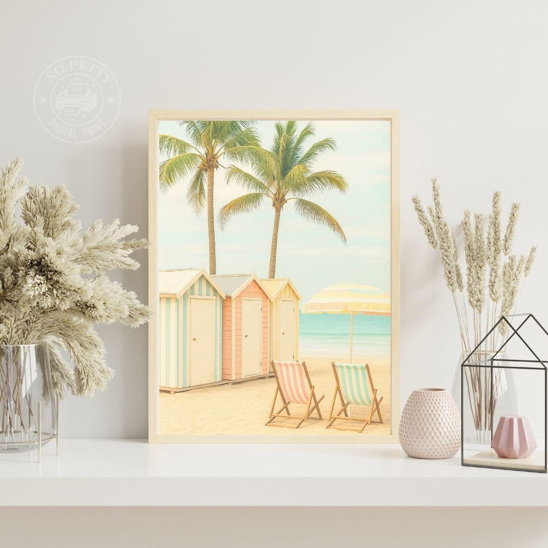 Printable Beach Huts Wall Art, Pastel Coastal Decor, Retro Summer Beach ...