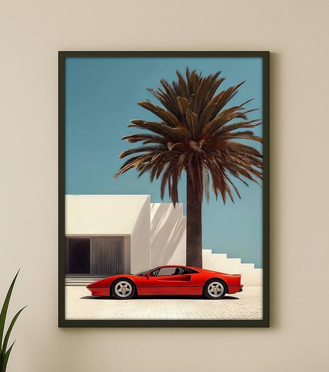 Miami Ferrari Art Print: Vintage Supercar, Palm Tree, Modern House ...
