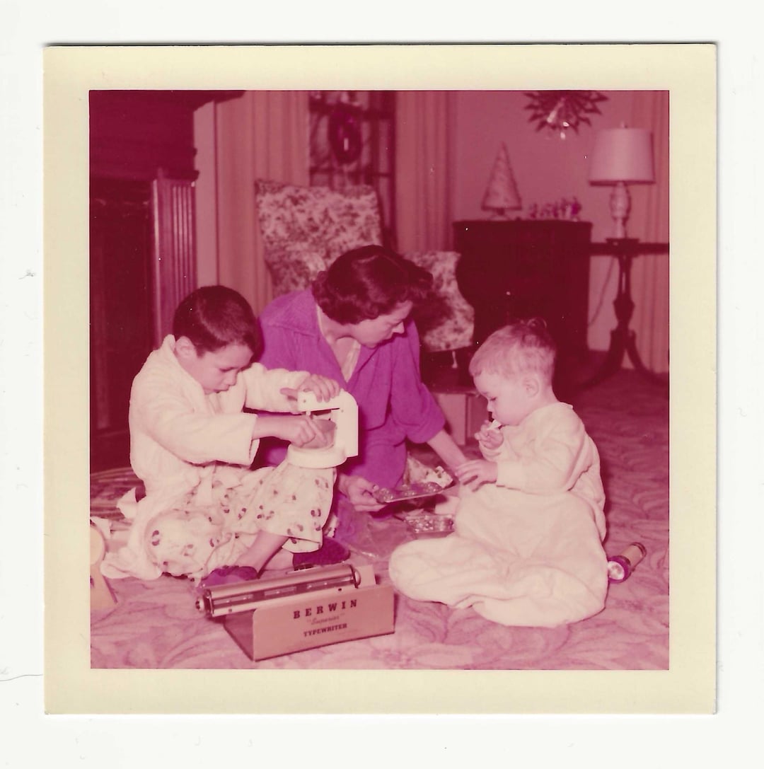 1958 Christmas Morning Snapshot | Two Kids and Mother With Gifts ...