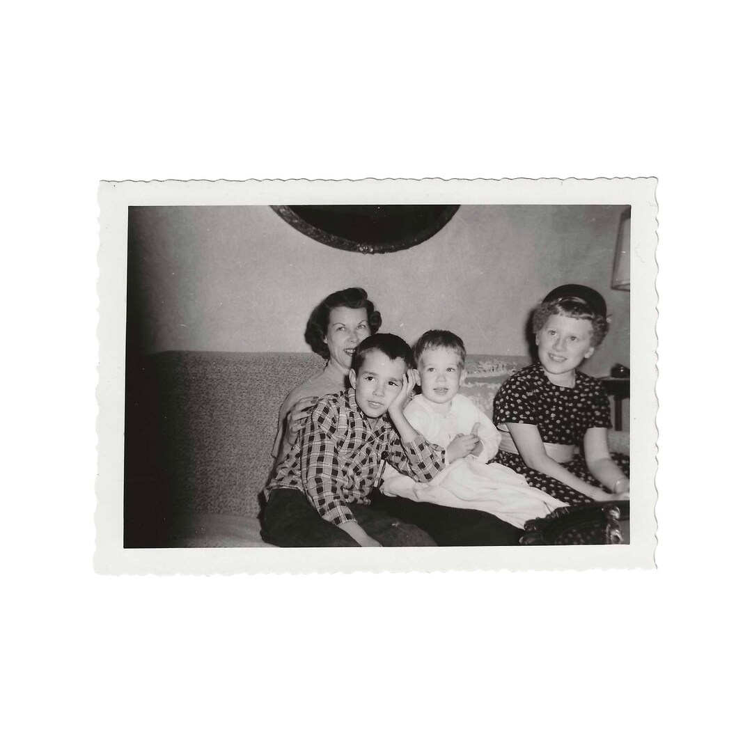 1957 Thanksgiving Snapshot: Three Kids & Woman, Black and White Photo ...