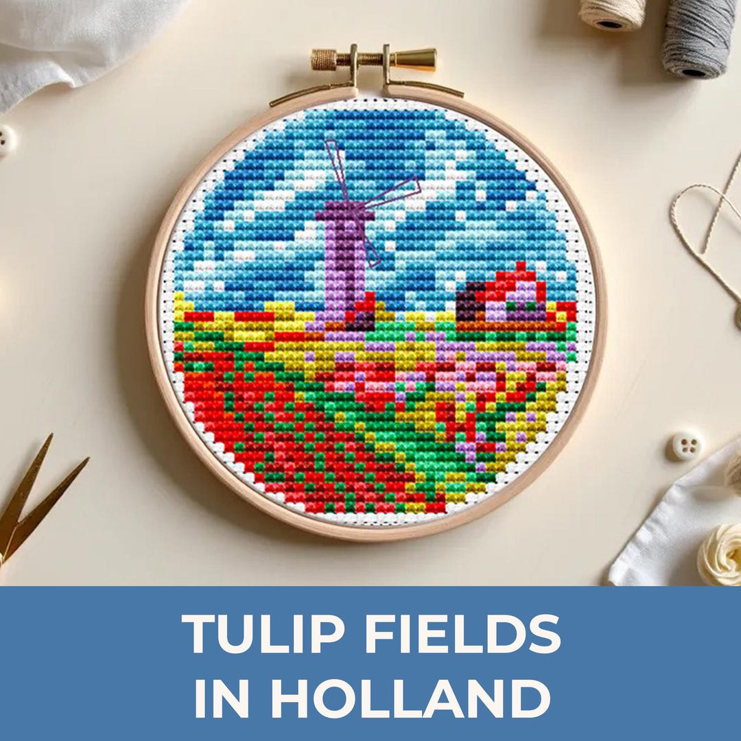 Dutch Tulip Field Cross Stitch Pattern With Windmill and Farmhouse ...