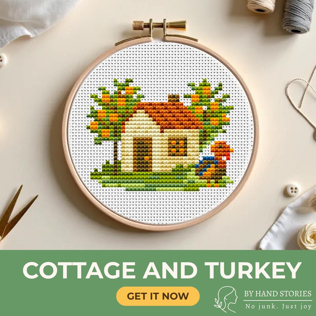 Cottage and Turkey Cross Stitch Pattern, Fall PDF Design, Thanksgiving ...