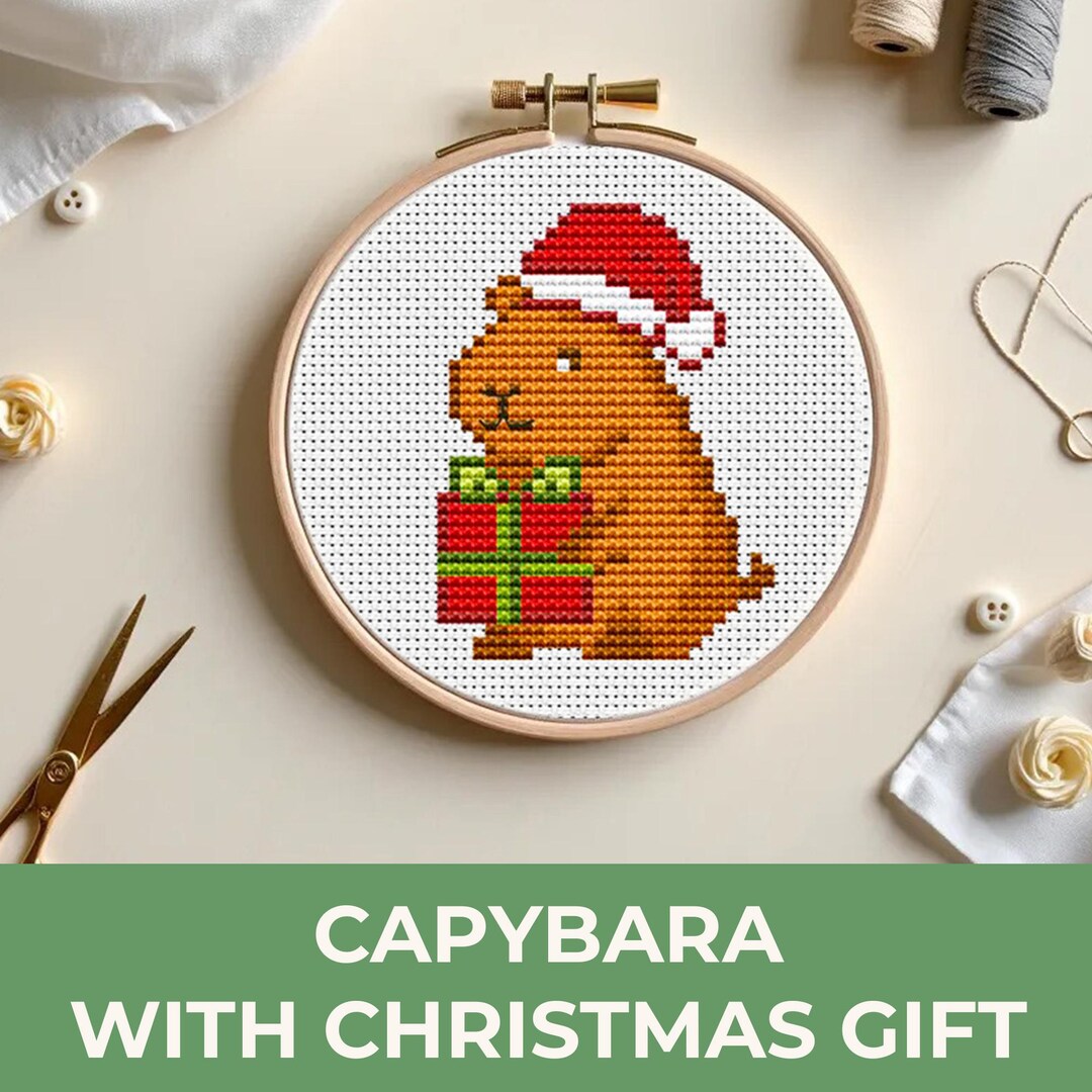 Capybara With Christmas Gift, Cute PDF Cross Stitch Pattern, Beginner ...