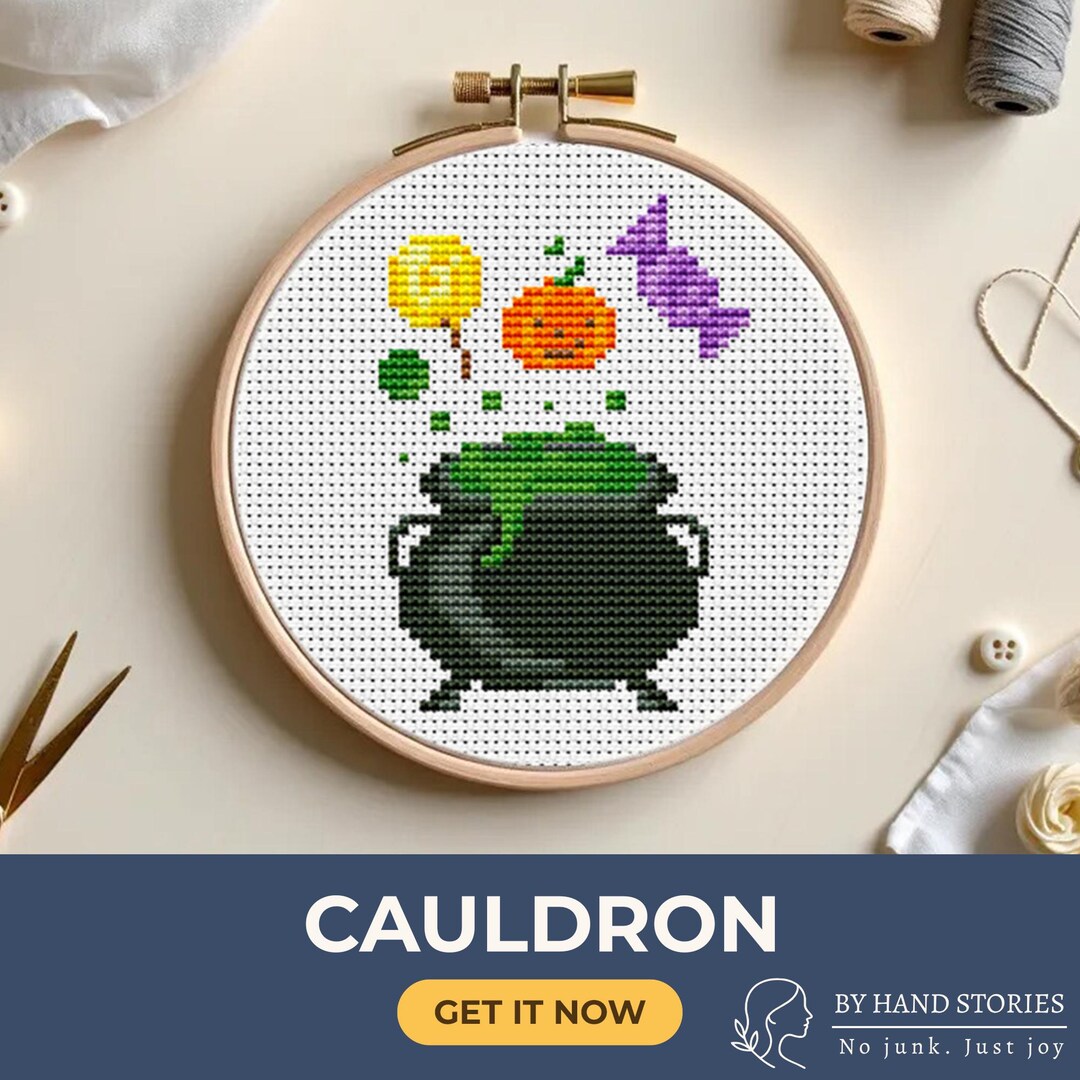 Halloween Cauldron Cross Stitch Pattern PDF – Cute Witch Pot With Candy ...
