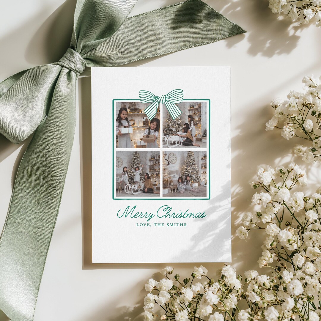 Holiday Photo Card Template 2 Layout Minimal Ribbon Bow Family Photo ...