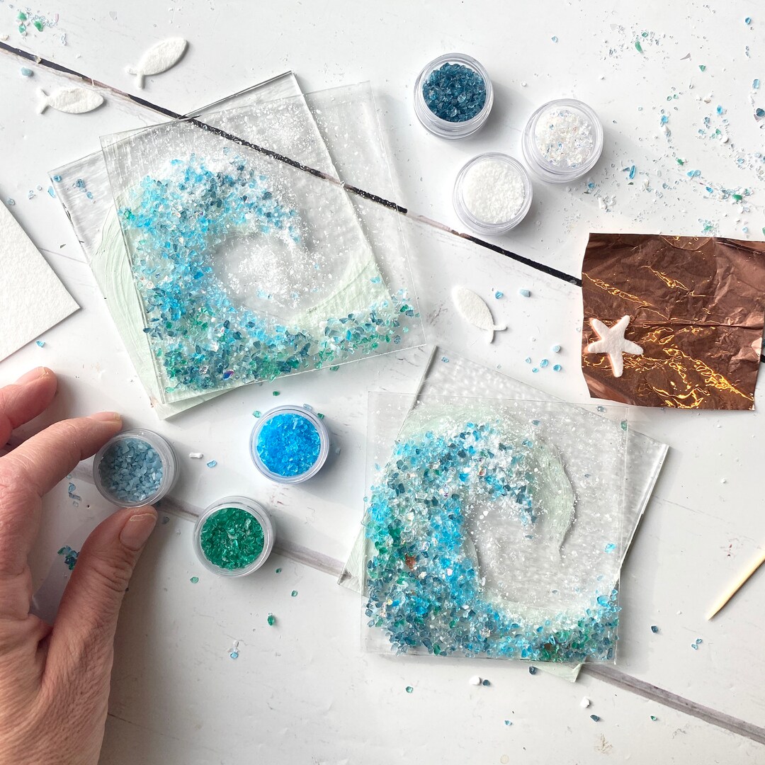 Fused Glass Kit - Set of 2 Wave Coasters, Craft Kit, Wave Fused Glass ...
