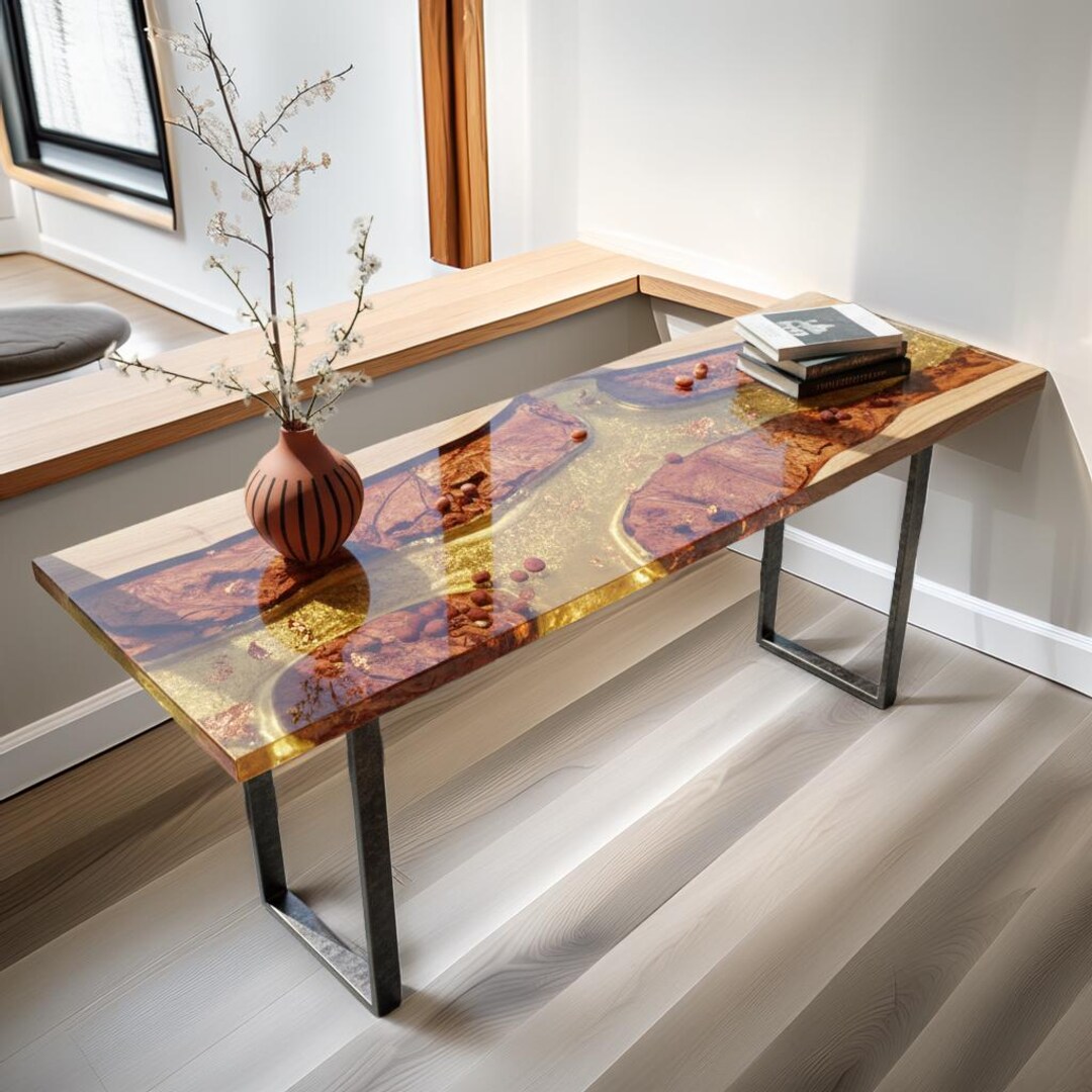 Golden Amber Epoxy River Console Table | Live Edge Wood Hallway Table ...