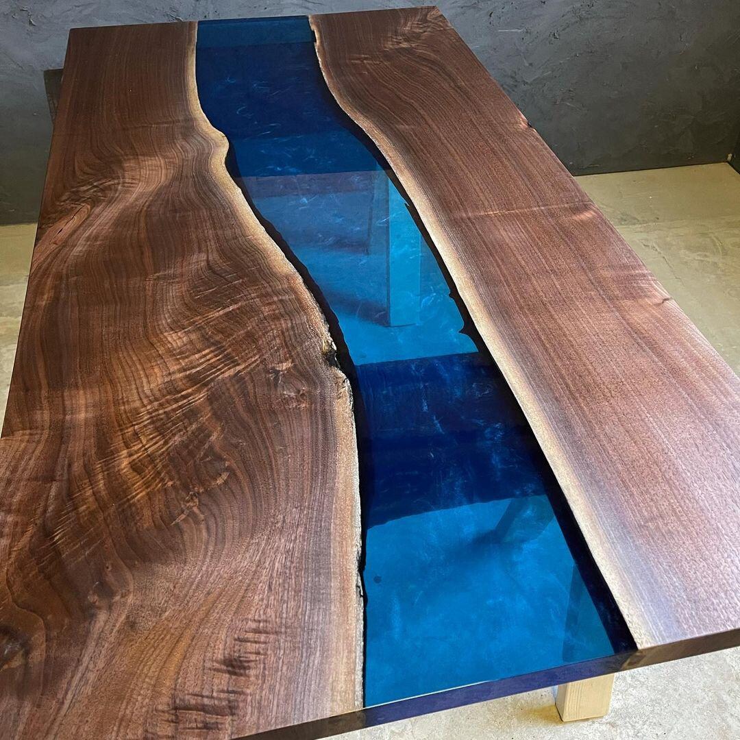 Blue Epoxy River Table | Live Edge Wood Resin Tabletop | Handmade ...