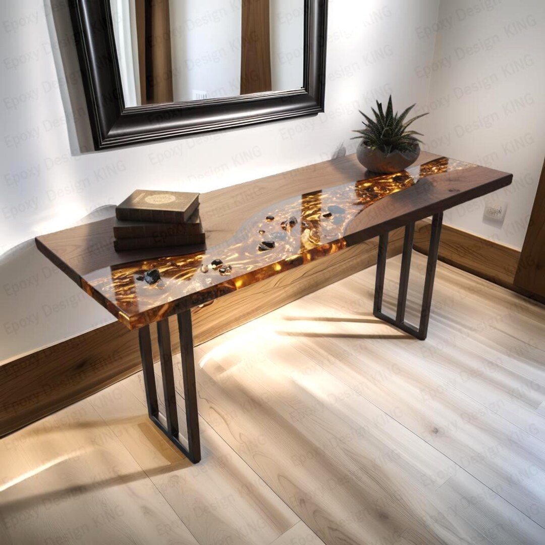 Luxury Walnut & Amber Epoxy River Console Table | Gold Resin Art Table ...