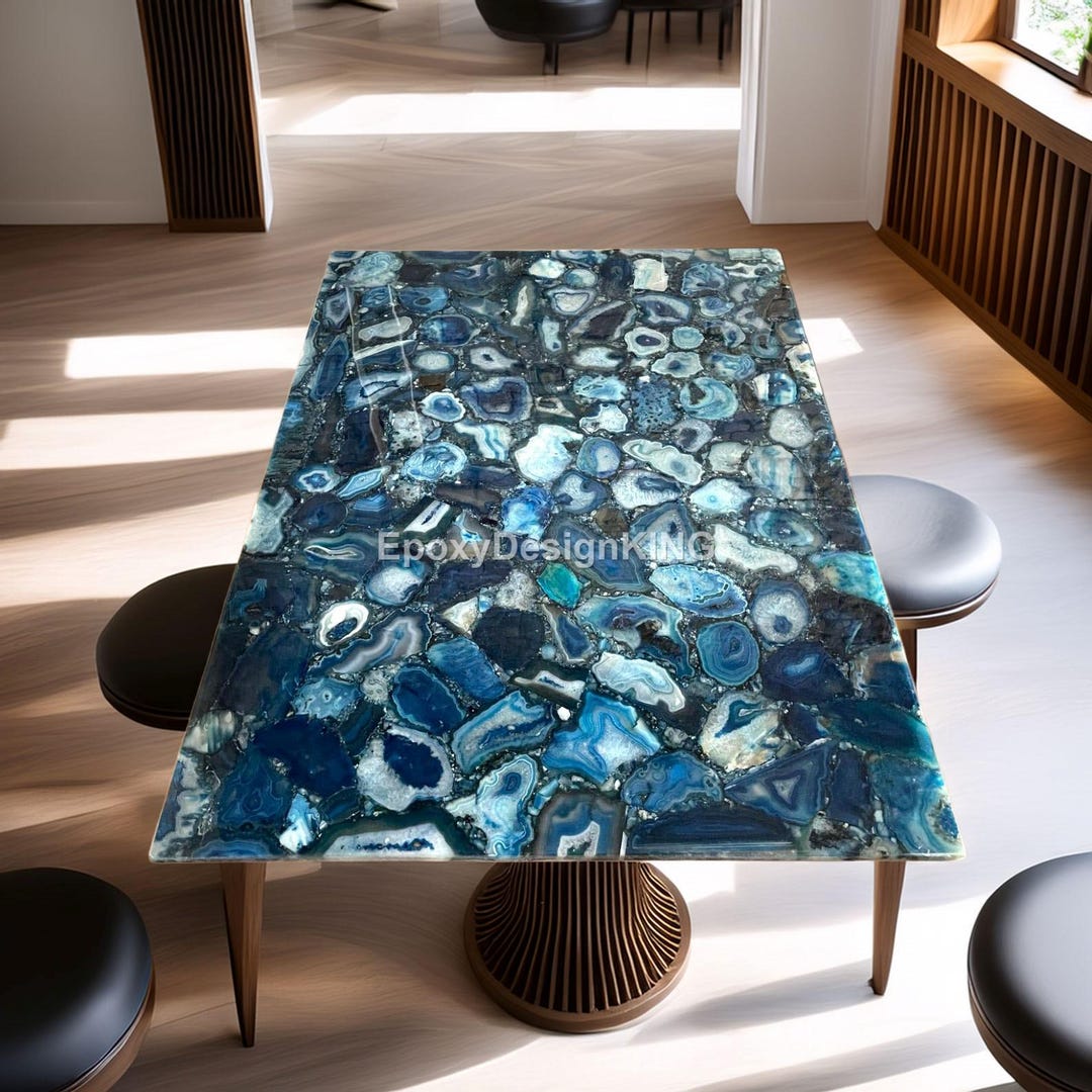 Luxury Blue Agate Gemstone Dining Table Top | Natural Geode Stone Slab ...
